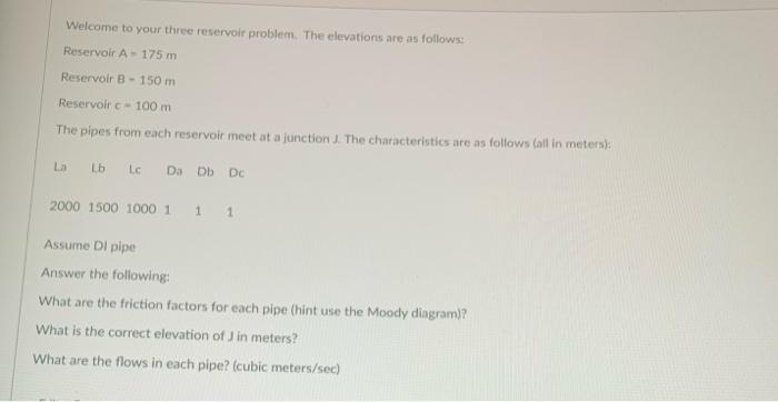 Solved Welcome to your three reservoir problem. The | Chegg.com