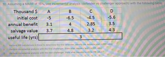 Solved 10. Assuming a MARR of 15%, use incremental analysis | Chegg.com