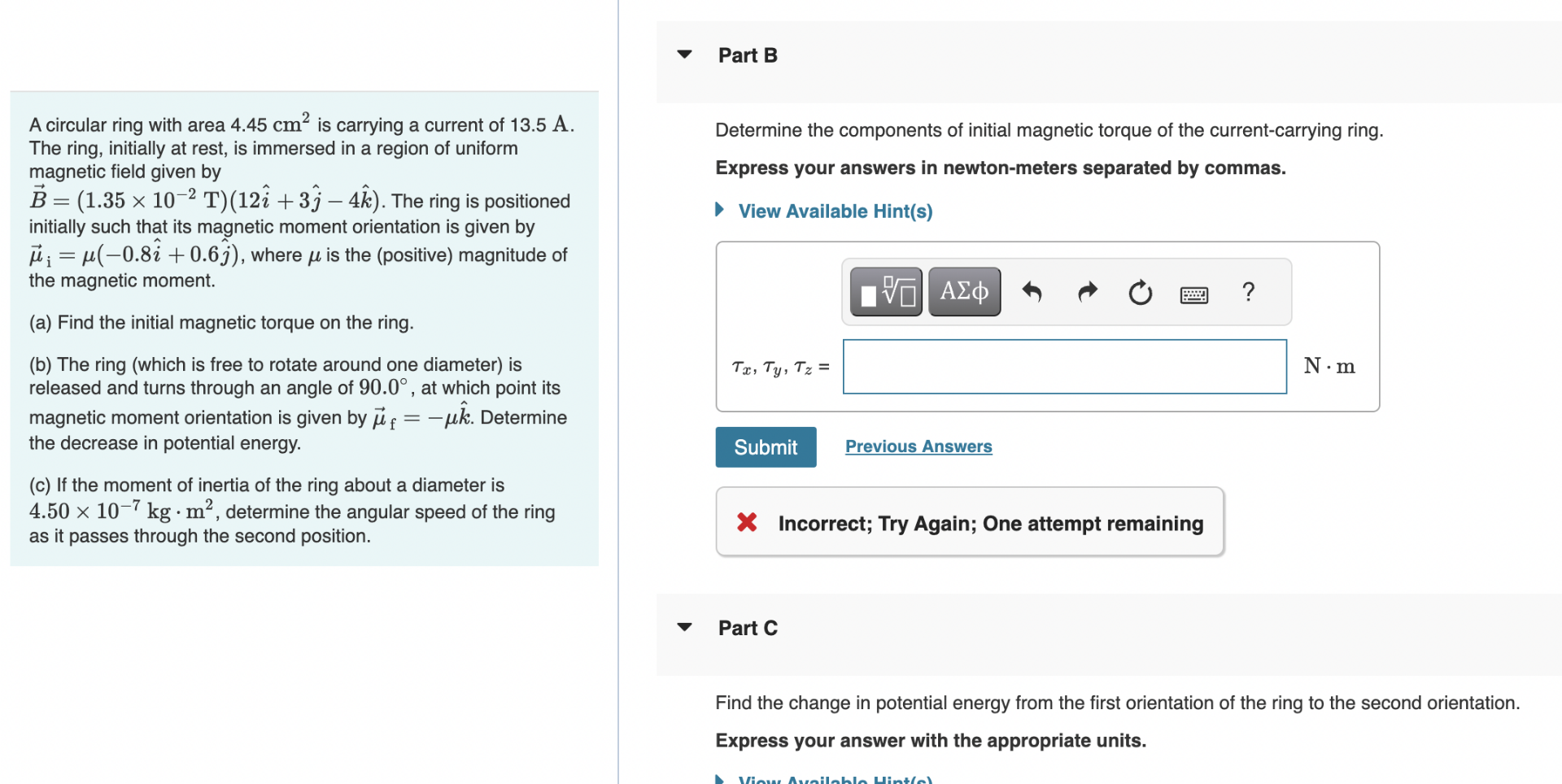 Solved Part B A circular ring with area 4.45 cm2 is carrying | Chegg.com