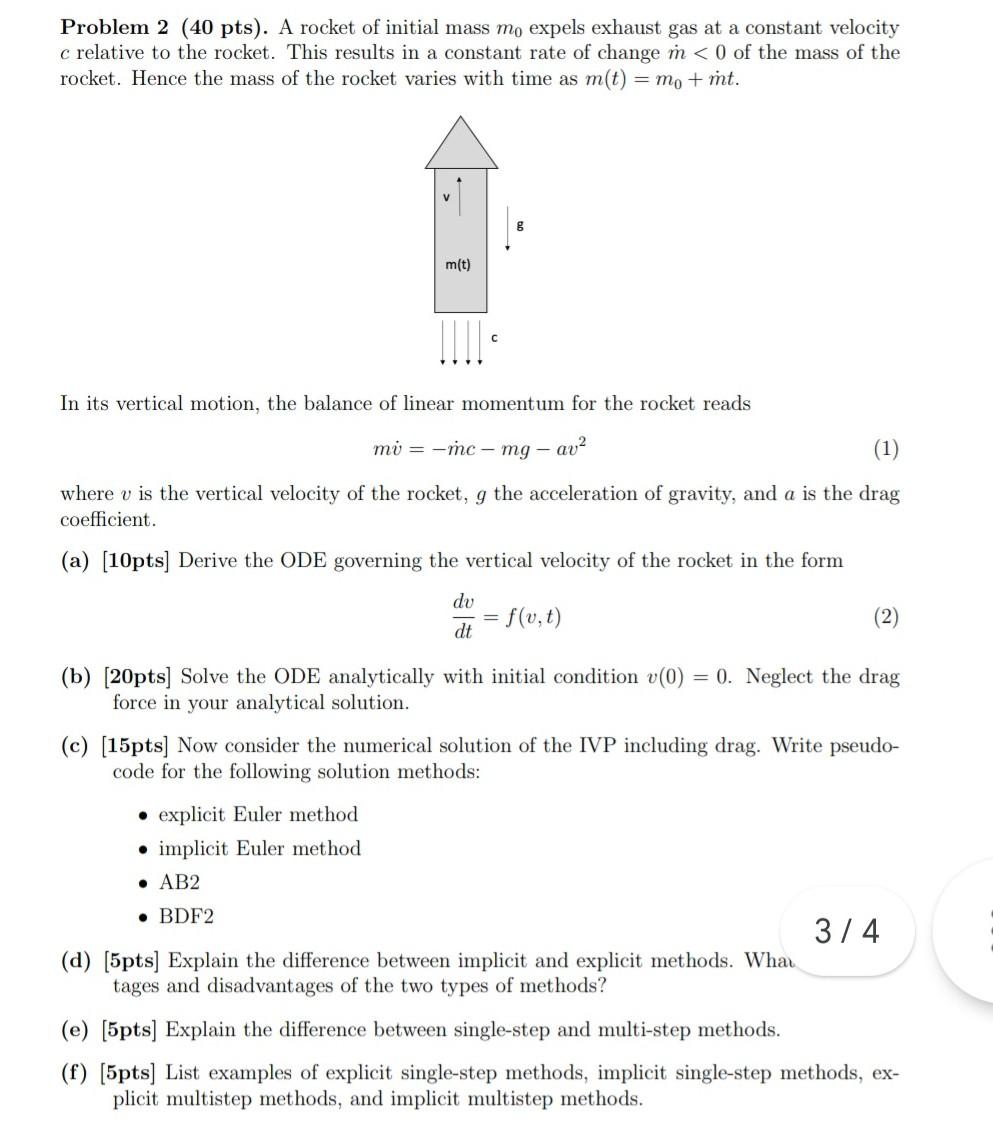 Solved Problem 2 (40 pts). A rocket of initial mass m0 | Chegg.com