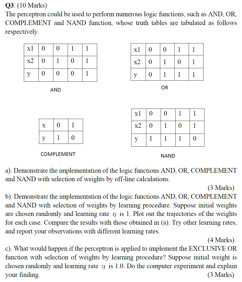 Solved Q3. (10 ﻿Marks)The perceptron could be used to | Chegg.com