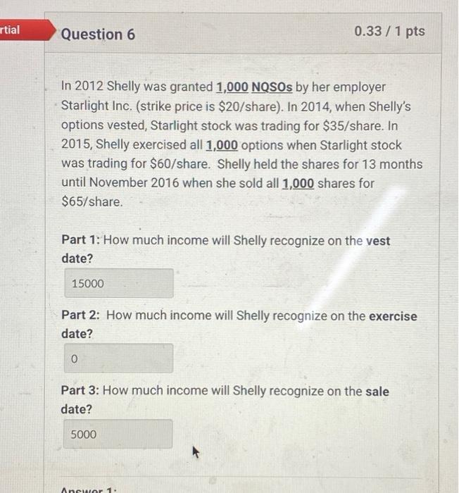 Solved Question 6 In 2012 Shelly was granted 1,000 NQSOS by | Chegg.com