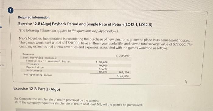 Solved Required information Exercise 12-8 (Algo) Payback | Chegg.com