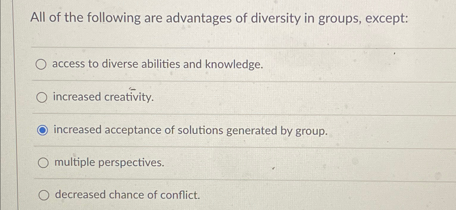 Solved All of the following are advantages of diversity in | Chegg.com