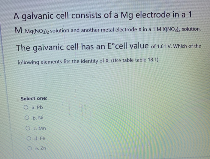 Solved A galvanic cell consists of a Mg electrode in a 1 M | Chegg.com