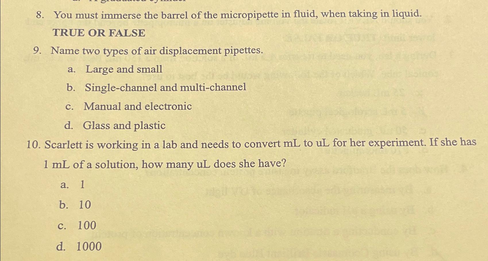 Solved You must immerse the barrel of the micropipette in | Chegg.com