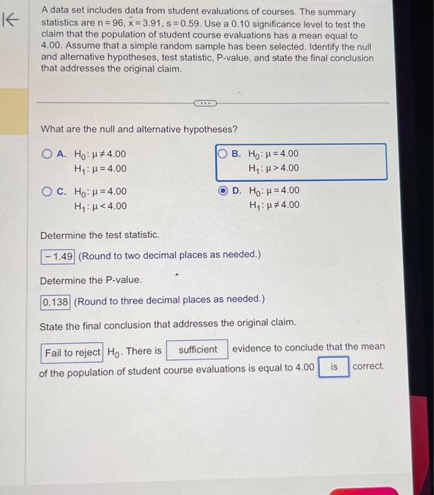 Solved A data set includes data from student evaluations of | Chegg.com