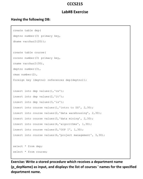 Solved CCCS215 Lab#8 Exercise Having the following DB: | Chegg.com