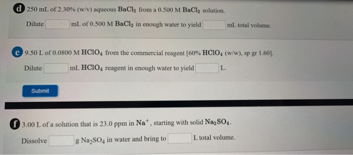 Solved d 250 mL of 2.30% (w/v ) aqueous BaCl2 from a 0.500 M | Chegg.com