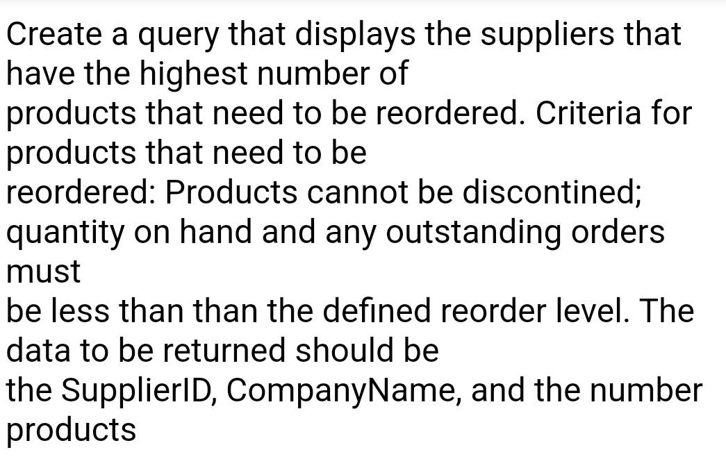 Solved Create a query that displays the suppliers that | Chegg.com
