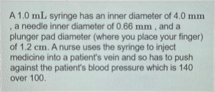 Solved A 1.0 mL syringe has an inner diameter of 4.0 mm , a | Chegg.com