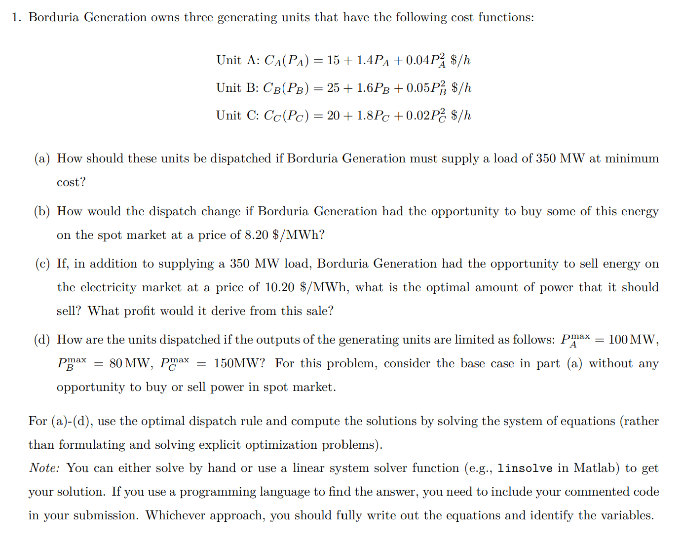 Solved 6 ﻿Borduria Generation owns three generating units | Chegg.com