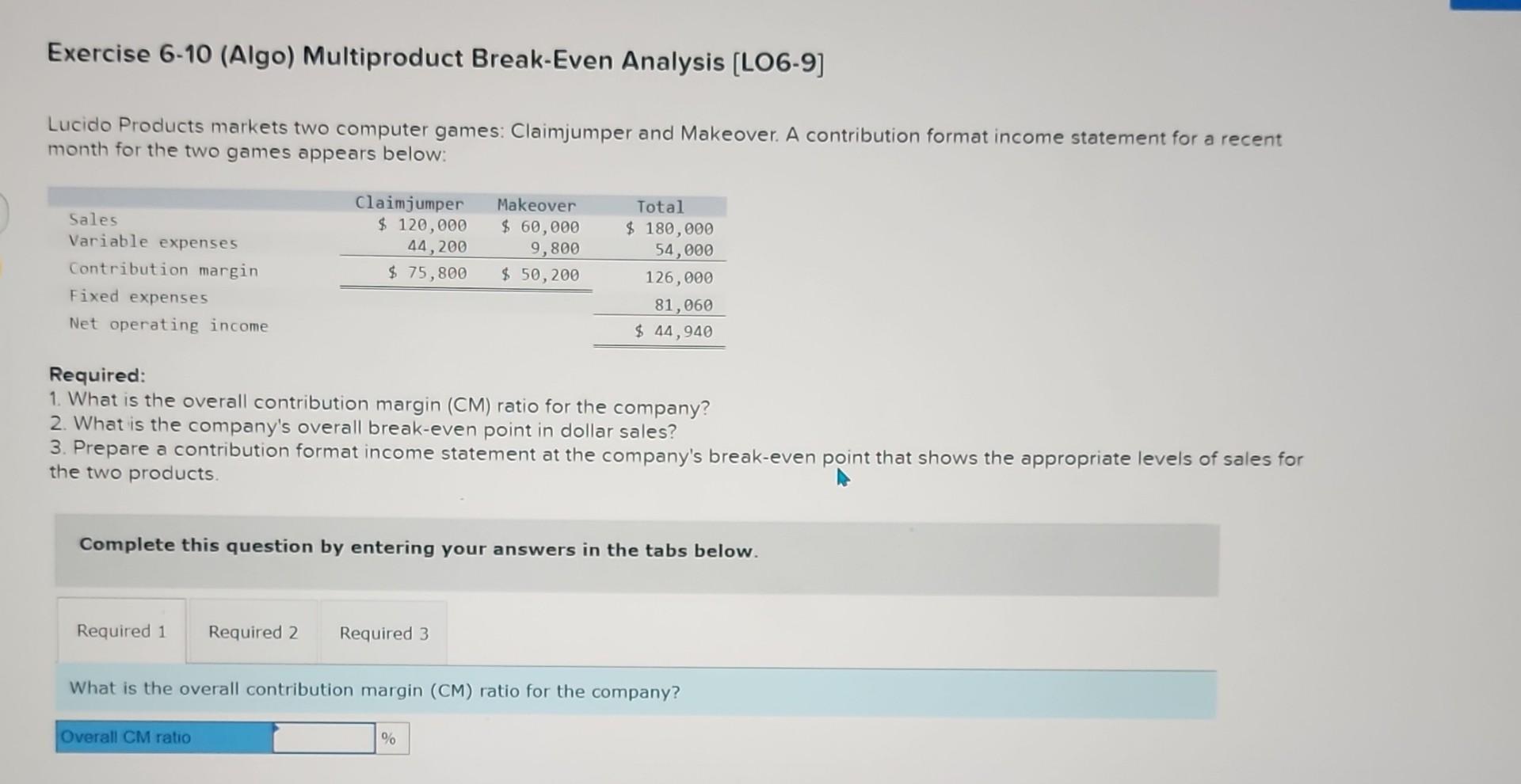 Solved Exercise 6-10 (Algo) Multiproduct Break-Even Analysis | Chegg.com