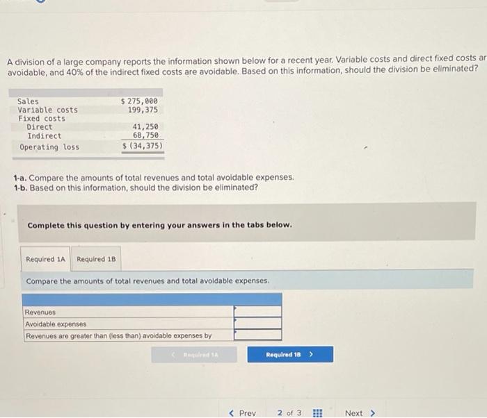 Solved A division of a large company reports the information | Chegg.com