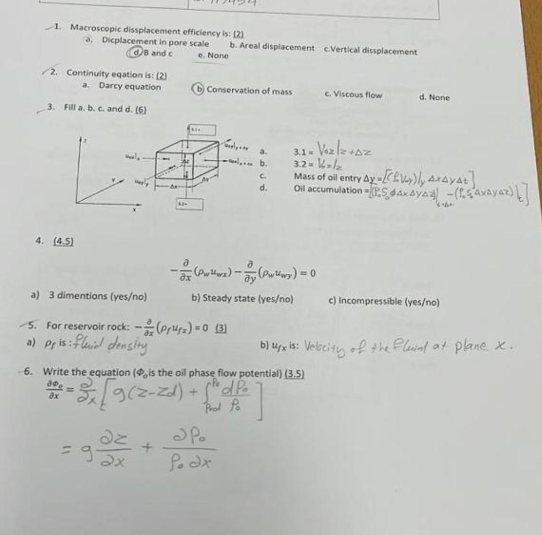 Solved 1. Macroscopic dissplacement efficiency is: (2) a. | Chegg.com
