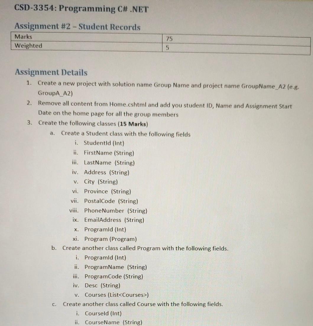Solved CSD-3354: Programming C# .NET Assignment #2 - Student | Chegg.com
