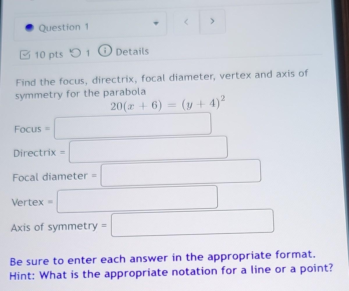 Solved Find the focus, directrix, focal diameter, vertex and | Chegg.com