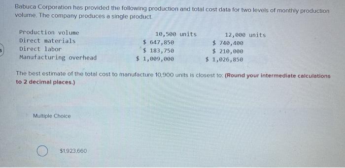Solved Babuca Corporation has provided the following | Chegg.com