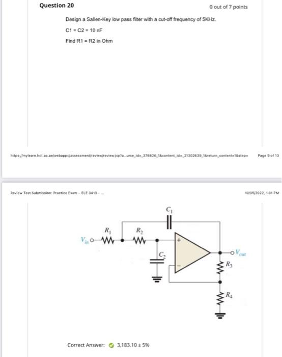Solved Question 20 0 out of 7 points Design a Sallen-Key low | Chegg.com