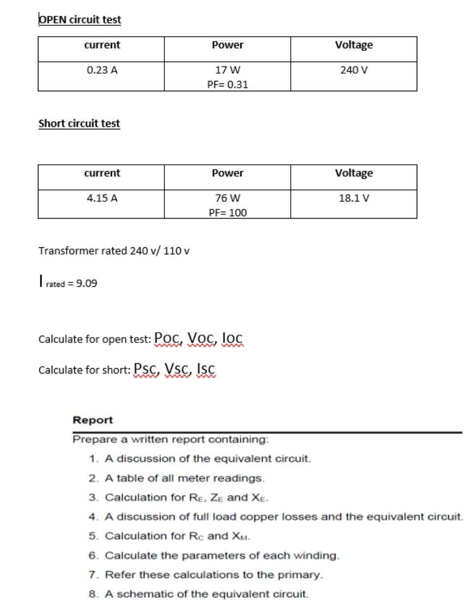 Solved OPEN circuit test Short circuit test Transformer | Chegg.com