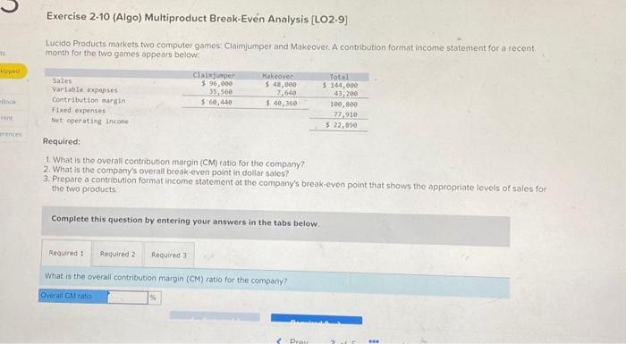 Solved Exercise 2-10 (Algo) Multiproduct Break-Even Analysis | Chegg.com