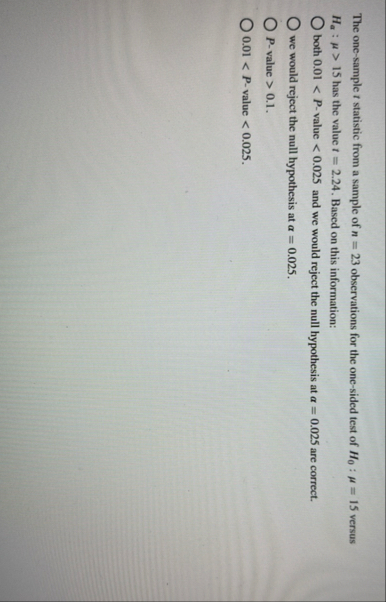 Solved The one-sample t ﻿statistic from a sample of n=23 | Chegg.com