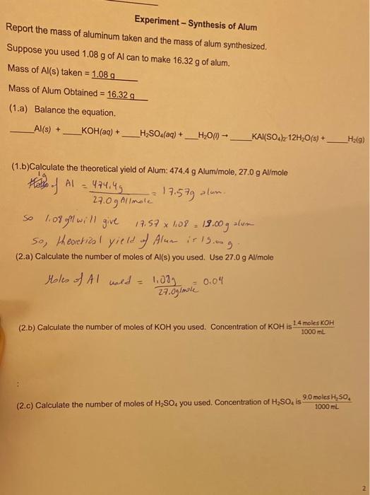 Solved Experiment - Synthesis of Alum Report the mass of | Chegg.com