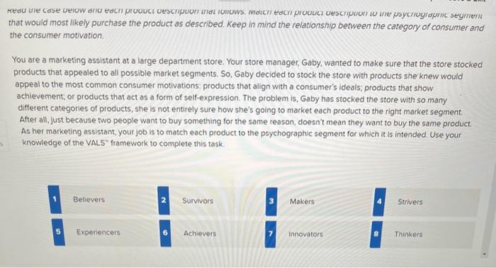 Solved Understanding VALS at a Department Store Match | Chegg.com
