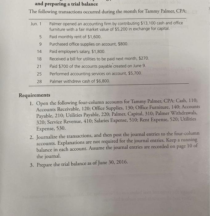 Solved 1. Open the following four-column accounts for Tammy | Chegg.com