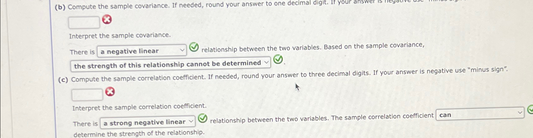 Solved (b) ﻿Compute the sample covariance. If needed, round | Chegg.com
