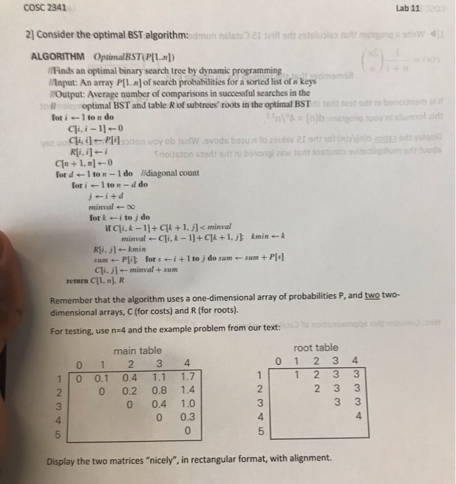 COSC 2341 Lab 1120 2] Consider the optimal BST | Chegg.com