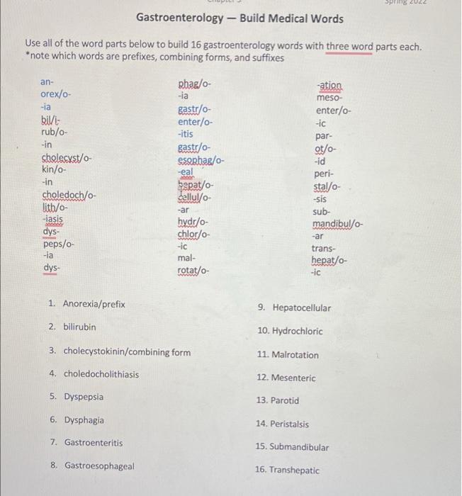 Solved Spring 2012 Gastroenterology - Build Medical Words - | Chegg.com