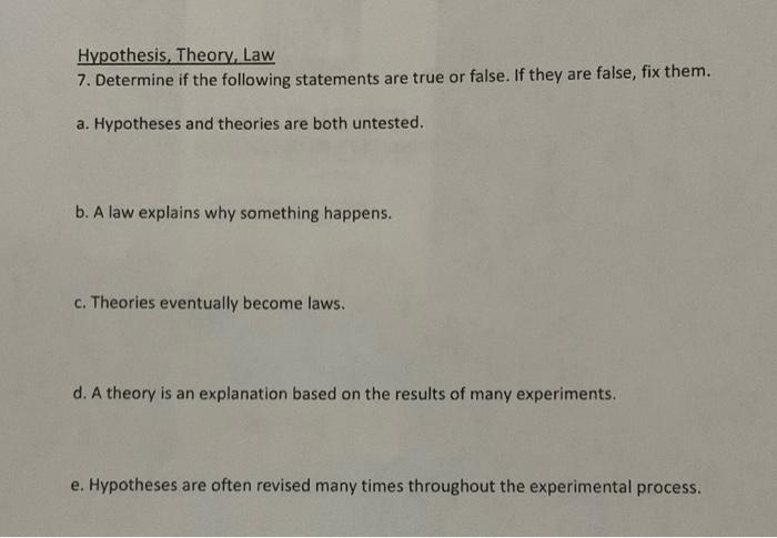 Solved Hypothesis, Theory, Law 7. Determine if the following | Chegg.com