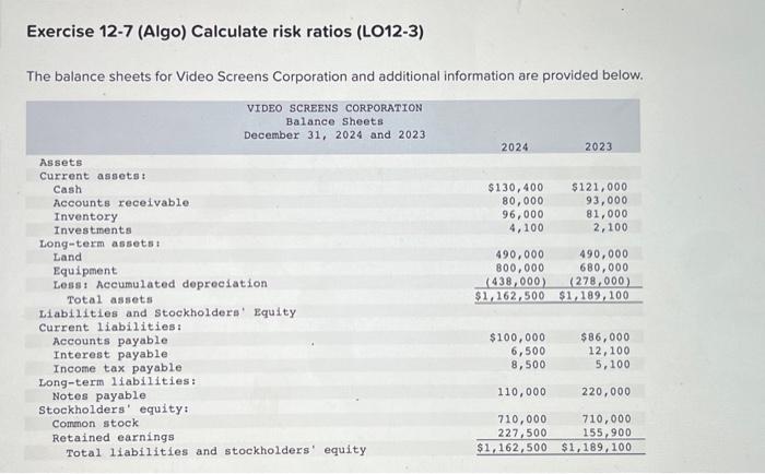 Solved Exercise 12-7 (Algo) Calculate risk ratios (LO12-3) | Chegg.com