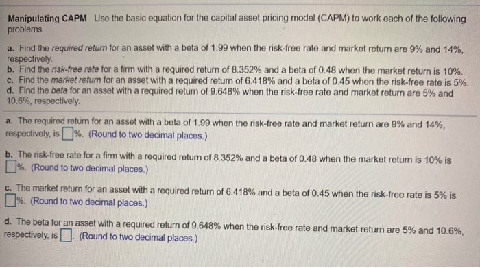 Solved Manipulating CAPM Use the basic equation for the | Chegg.com