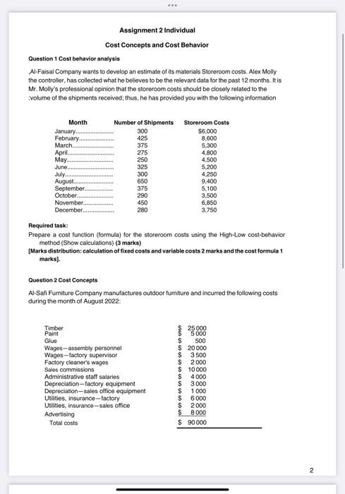 Solved Assignment 2 Individual Cost Concepts and Cost | Chegg.com