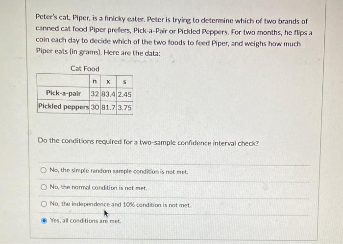Solved Peter's cat, Piper, is a finicky eater. Peter is | Chegg.com