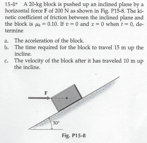 Solved 15-8** ﻿A 20-kg ﻿block is pushed up an inclined plane | Chegg.com