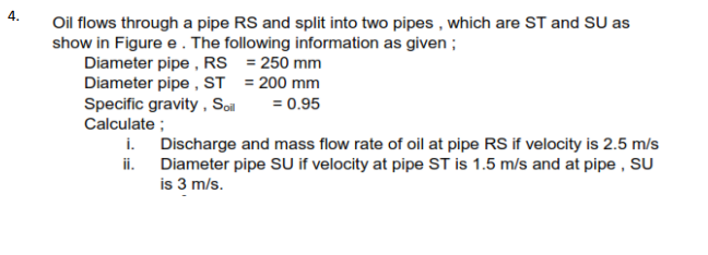Solved Oil flows through a pipe RS and split into two pipes, | Chegg.com