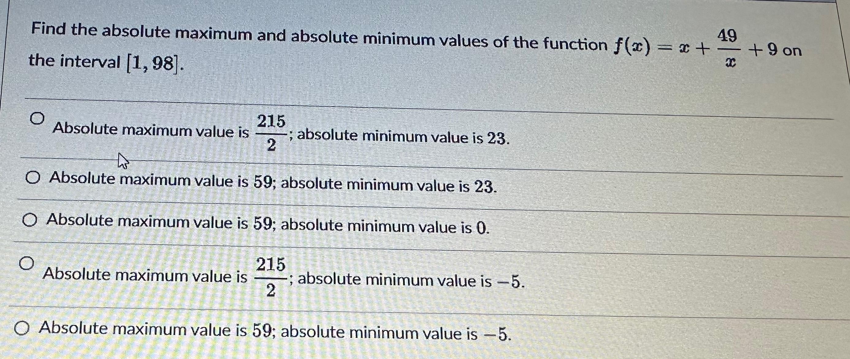 Solved Find the absolute maximum and absolute minimum values | Chegg.com