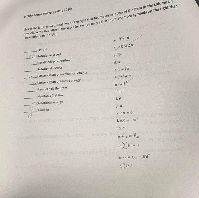 Solved Physics terms and vocabulary 10pts Select the letter | Chegg.com