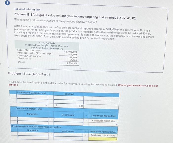 Solved Required information Problem 18-3A (Algo) Break-even | Chegg.com