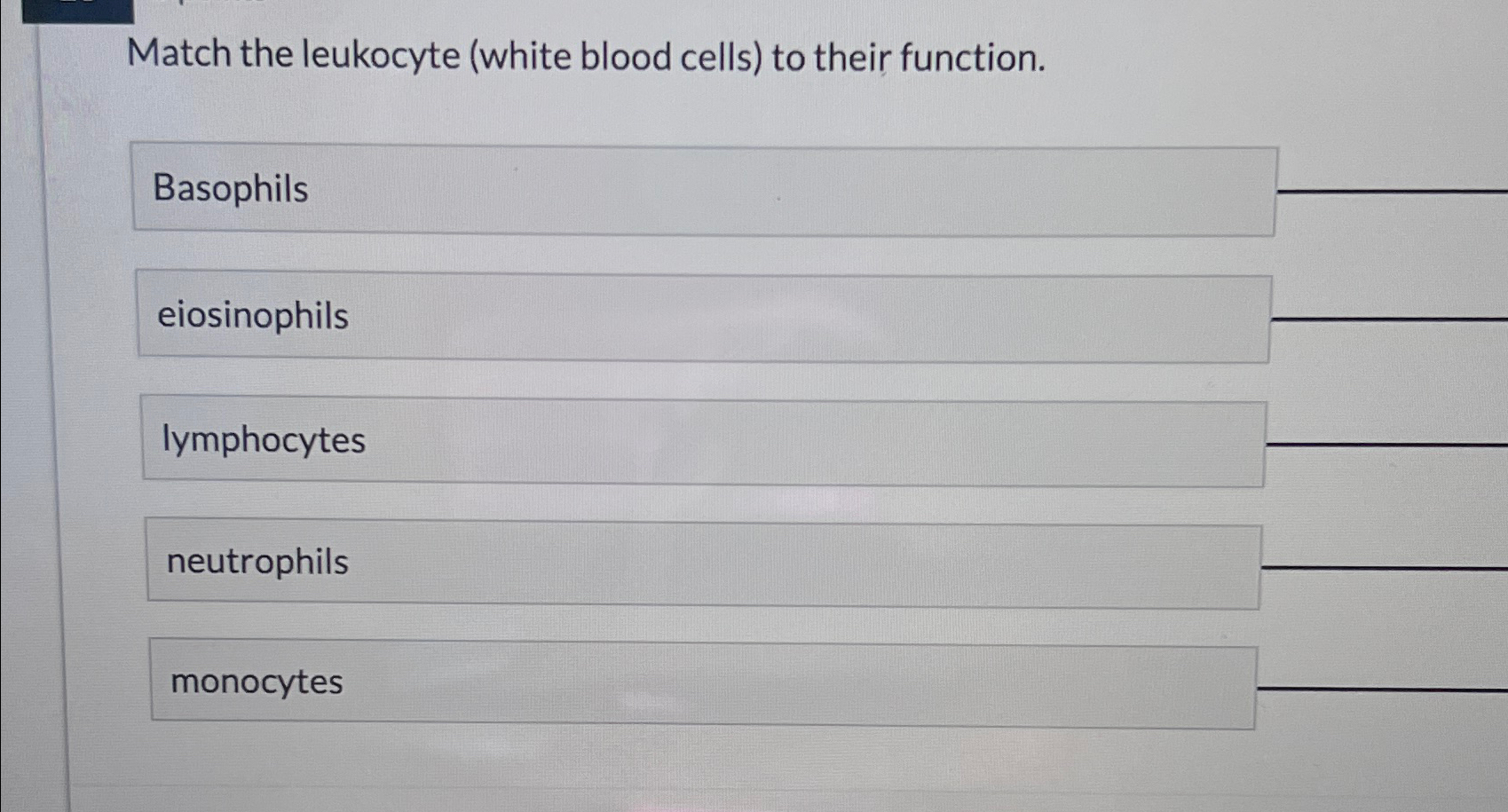 Solved Match the leukocyte (white blood cells) ﻿to their | Chegg.com