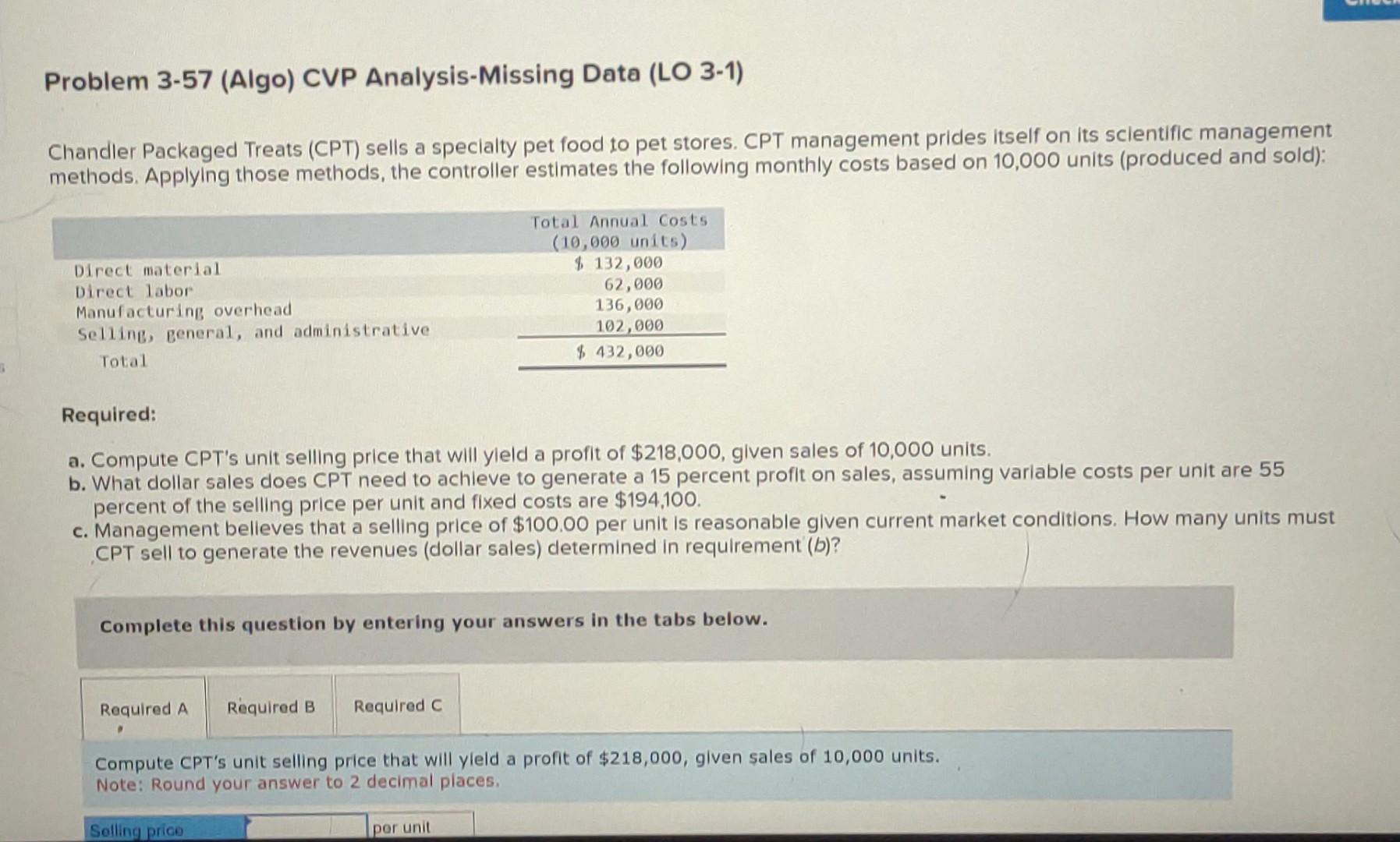 Solved Problem 3-57 (Algo) CVP Analysis-Missing Data (LO | Chegg.com