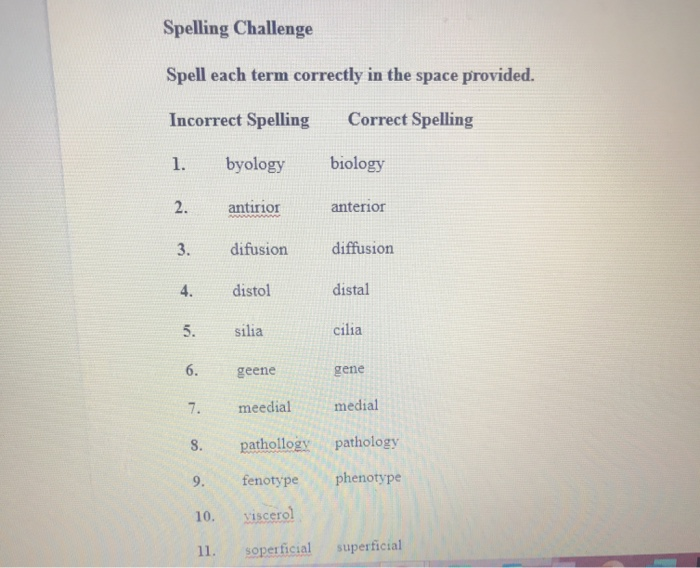 Solved Spelling Challenge Spell each term correctly in the | Chegg.com