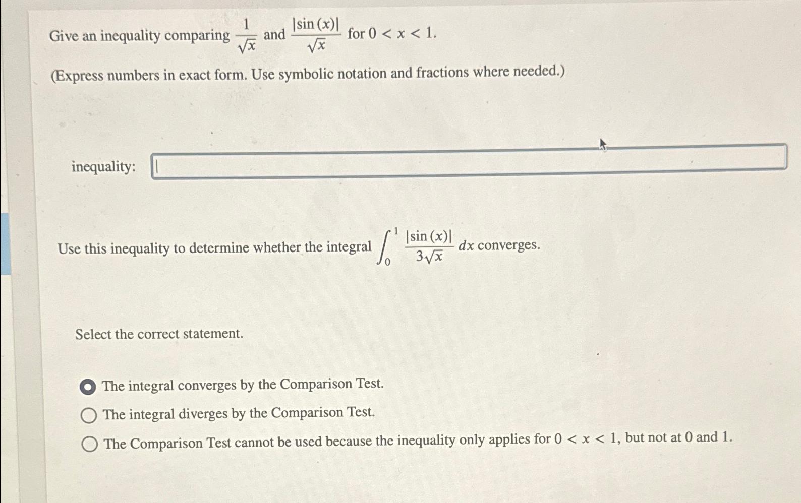 Solved Give an inequality comparing 1x2 ﻿and |sin(x)|x2 ﻿for | Chegg.com