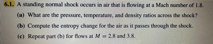 Solved 6.1. A standing normal shock occurs in air that is | Chegg.com