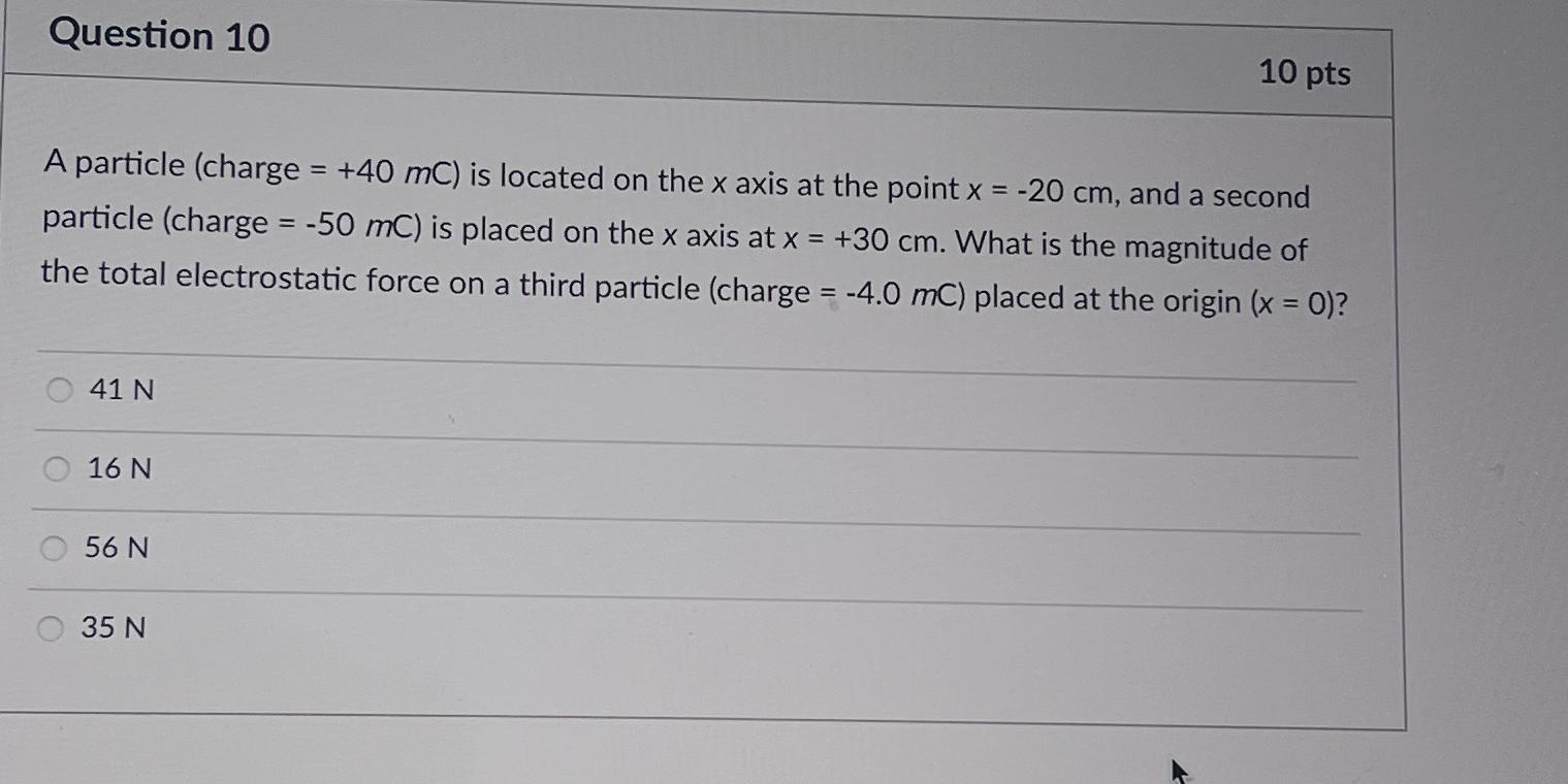 Solved Question 10\\n10pts\\nA particle (charge =+40mC ) is | Chegg.com