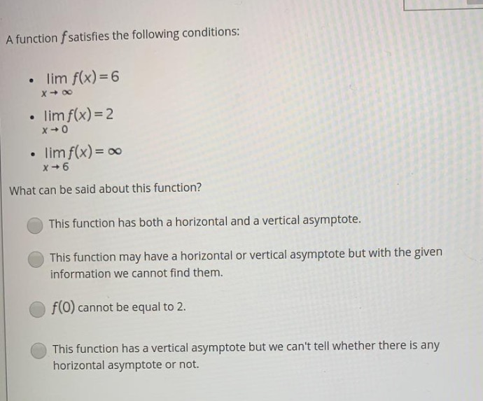 Solved A function f satisfies the following conditions: lim | Chegg.com