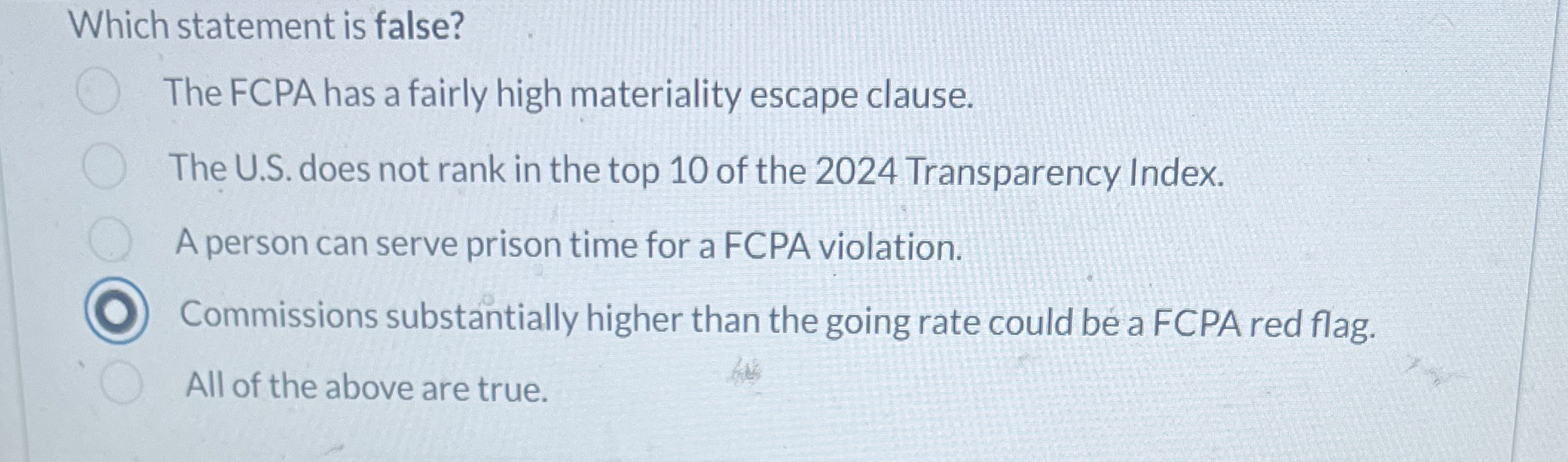 Solved Which statement is false?The FCPA has a fairly high | Chegg.com